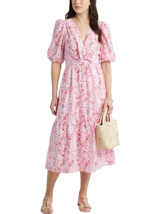 Caslon Twist Detail Allover Print Midi Dress - Ivory/pink Daisy Garden