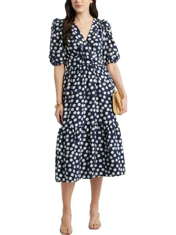 Caslon Twist Detail Allover Print Midi Dress - Navy- Ivory Annie Dot