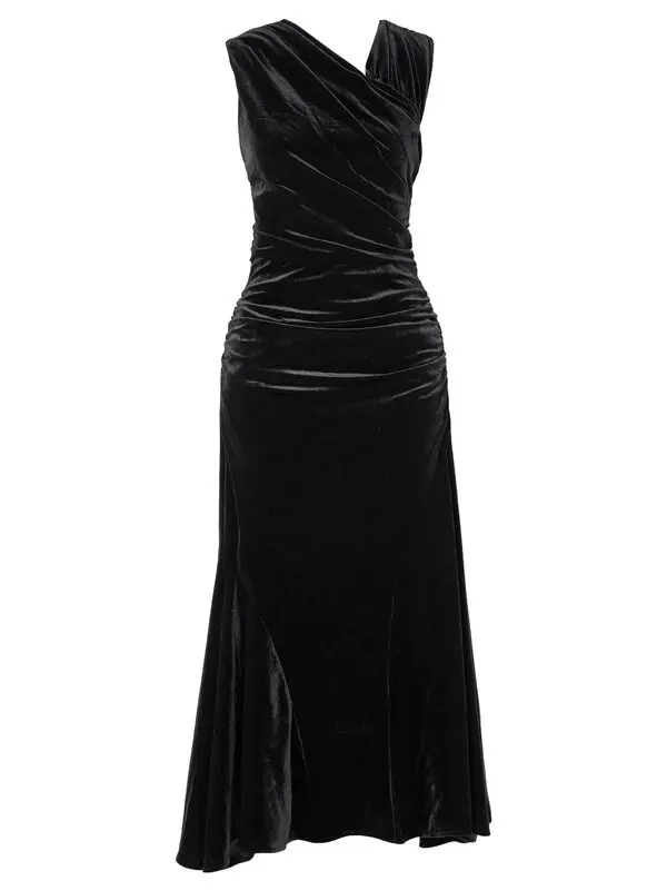 GANNI Asymmetric Ruched Recycled-velvet Midi Dress - Black