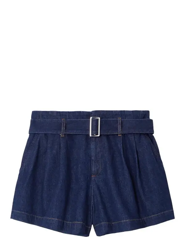 FRAME The Paper Bag Belted Pleated Denim Shorts - Blue