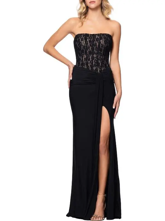 Betsy & Adam Sequin Lace Bodice Strapless Gown - Black/ Nude