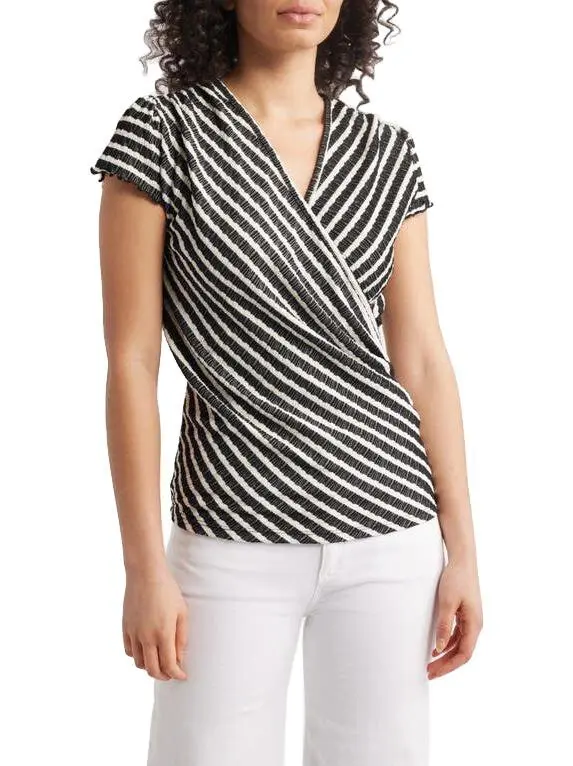 Loveappella Puckered Stripe Wrap Top - Black