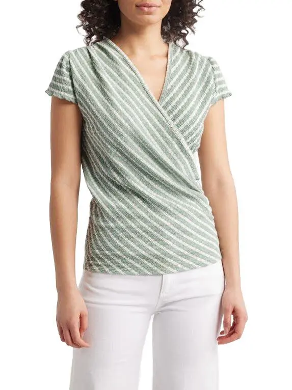 Loveappella Puckered Stripe Wrap Top - Sage