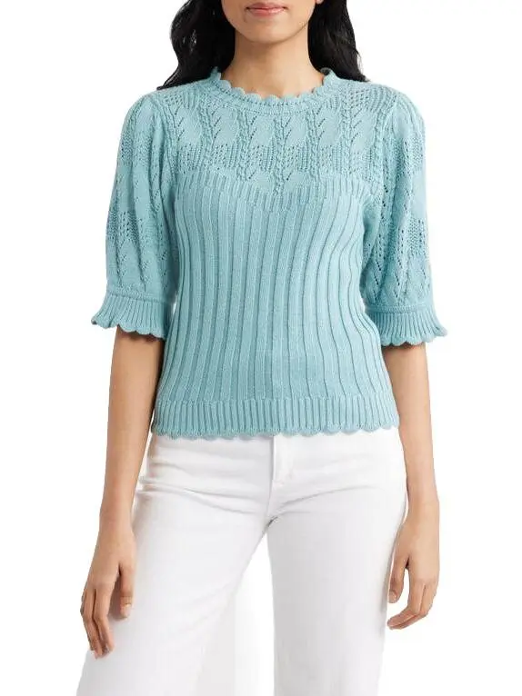 Wit & Wisdom Mixed Stitch Elbow Sleeve Sweater - Pale Teal