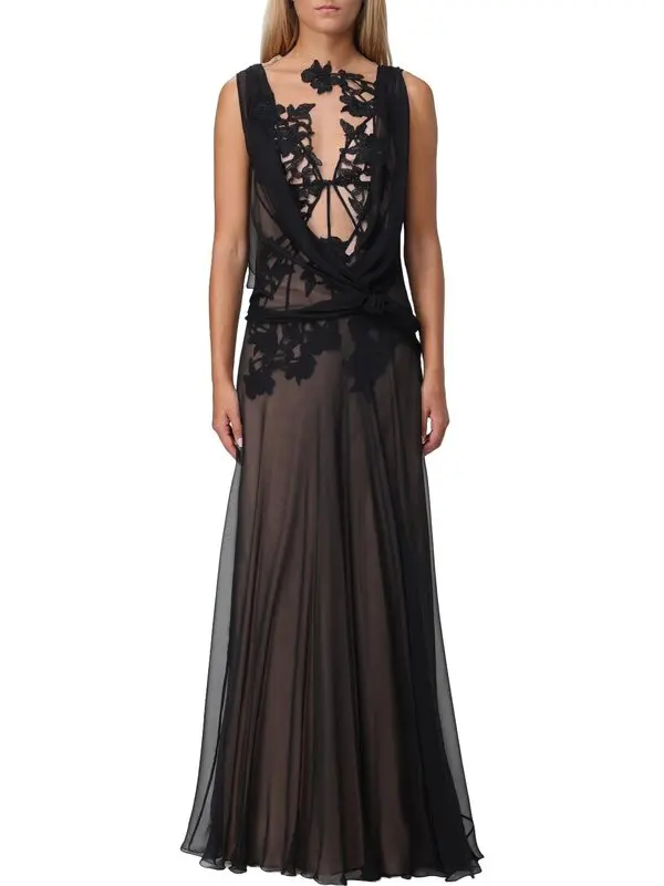 Alberta Ferretti Maxi Gown With Lace Embellishments - Black
