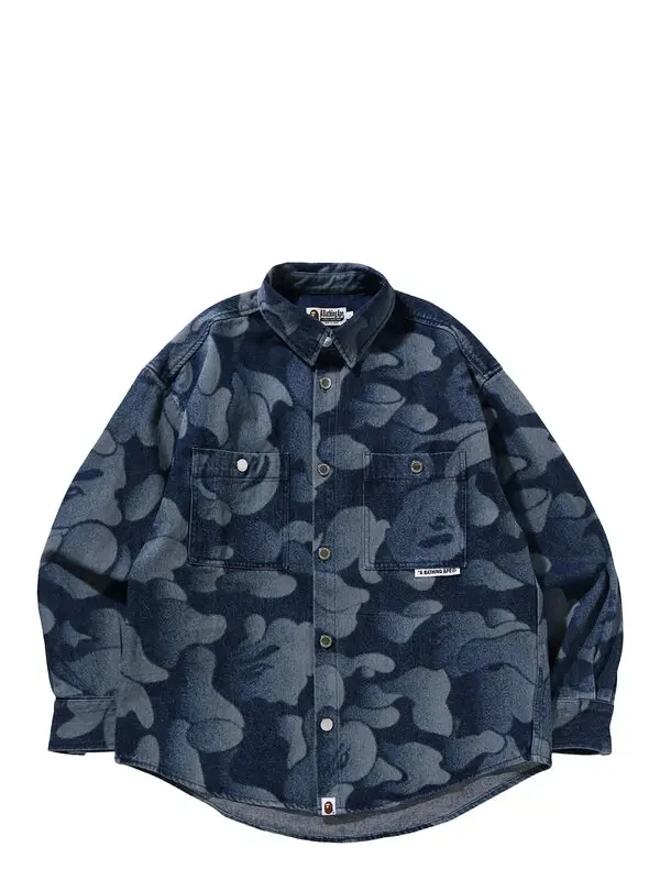 A BATHING APE Solid Camo Laser Work Denim Shirt - Blue