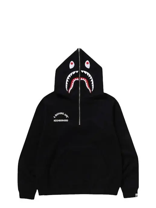 BAPE X Neighborhood Two Face Half Zip Pullover Hoodie - Black