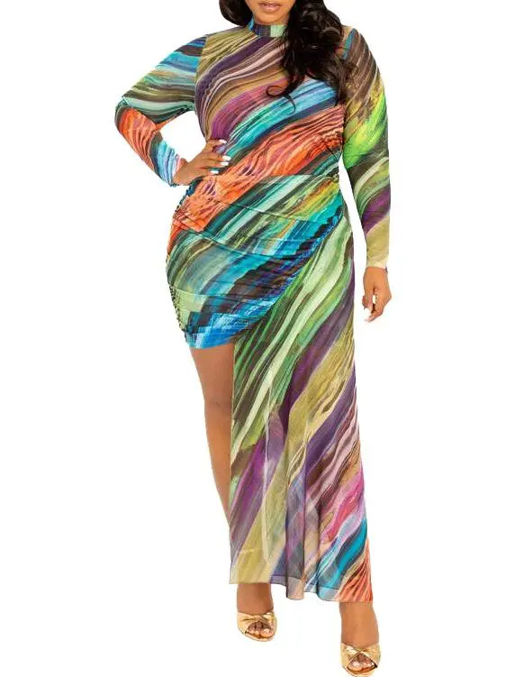 BUXOM COUTURE Print Asymmetric Mesh Midi Dress - Multi