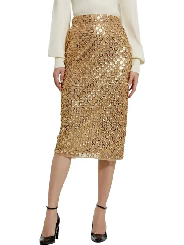 Mac Duggal Georgette Embellished Fitted Midi Pencil Skirt - Antique Gold