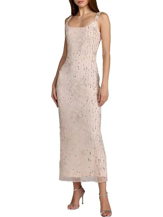 Mac Duggal Beaded Mesh Scoop Neck Ankle Gown With Bows - Blush