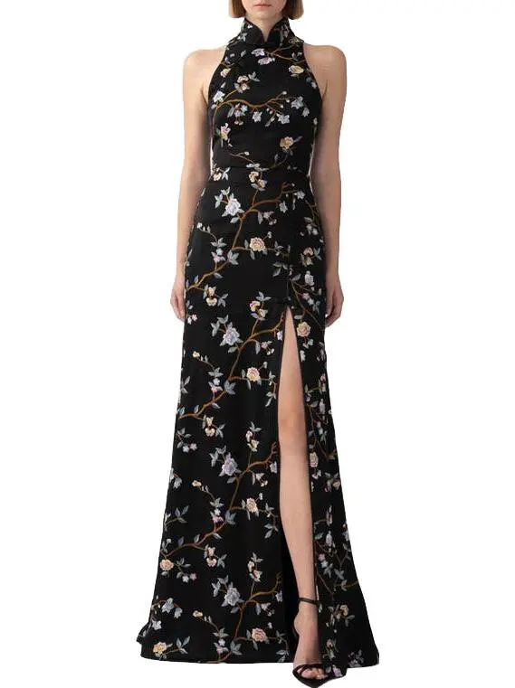 SAU LEE Ariana Floral Embroidered Gown - Black