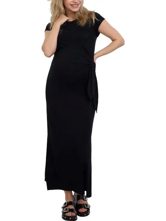 Motherhood Maternity Crew Neck Midi Dress With Side Tie - Black