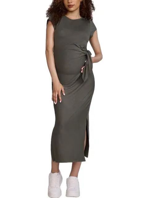 Motherhood Maternity Crew Neck Midi Dress With Side Tie - Thyme