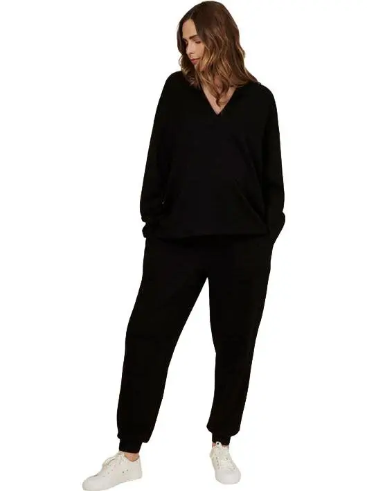 Motherhood Maternity V-neck Pullover Scuba Knit Hoodie - Black