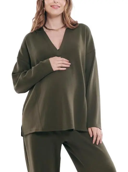 Motherhood Maternity V-neck Pullover Scuba Knit Hoodie - Deep Depths