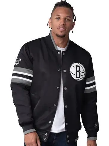 STARTER Brooklyn Nets Scout Varsity Satin Full-snap Jacket By - Black