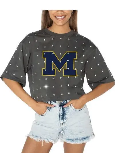 GAMEDAY COUTURE Michigan Wolverines Rhinestone Crop T-shirt - Gray