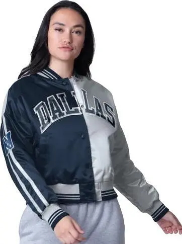 STARTER Dallas Cowboys Zone Blitz Cropped Satin Jacket - Navy
