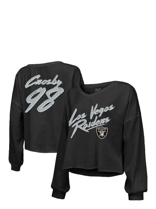 MAJESTIC THREADS Maxx Crosby Las Vegas Raiders Off-shoulder Cropped Long Sleeve V-neck T-shirt - Black