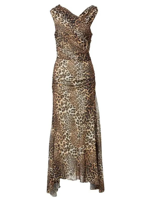 GANNI Ruched Leopard-print Maxi Dress - Multicoloured