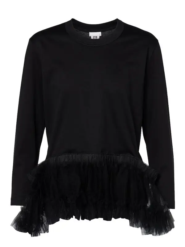 Noir Kei Ninomiya Tulle-trimmed Cotton Jersey Top - Black