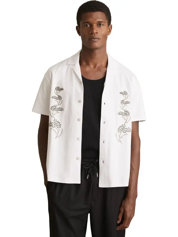 REISS Goya Cotton Floral Embroidered Shirt - White