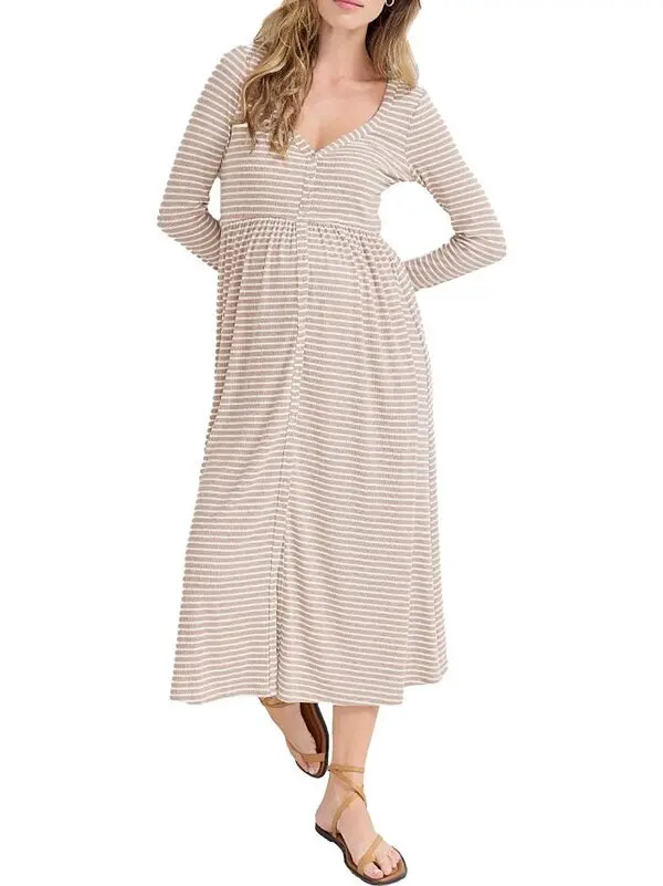 Hatch Collection Rib Knit Maternity And Nursing Dress - Biscotti/ivory Stripe
