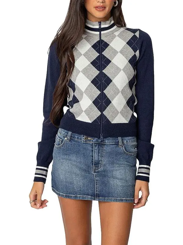 EDIKTED Madisen Argyle Knit Cardigan - Navy