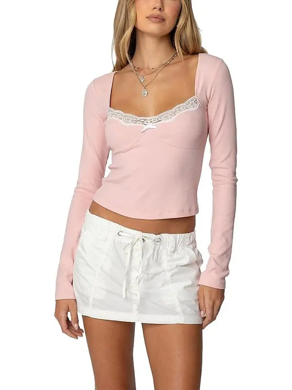 EDIKTED Morgyn Lace Trim Ribbed Top - Light Pink