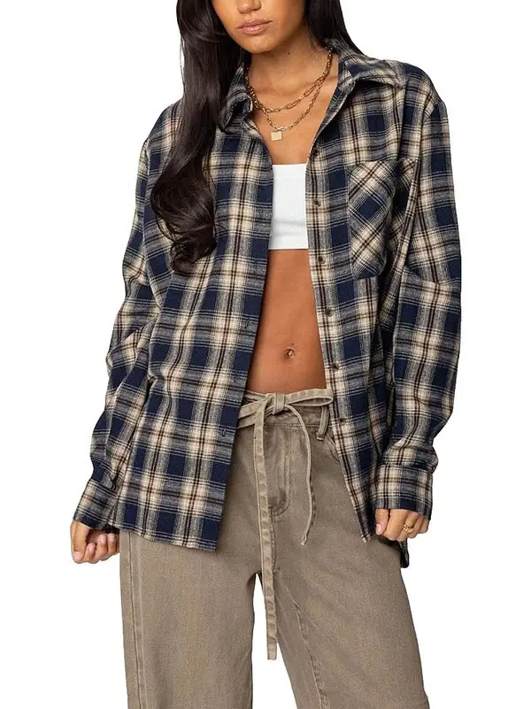 EDIKTED Plaid Flannel Button-up Shirt - Navy