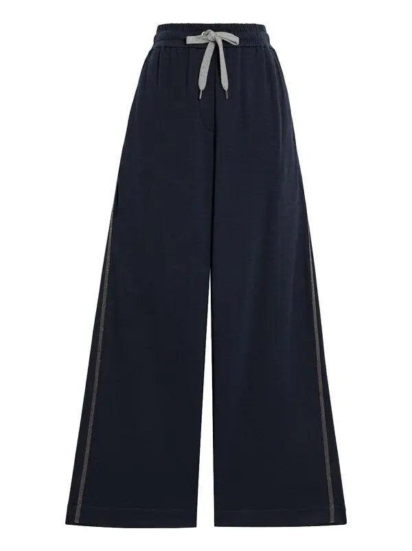 Brunello Cucinelli Bead-embellished Cotton-blend Jersey Track Pants - Navy