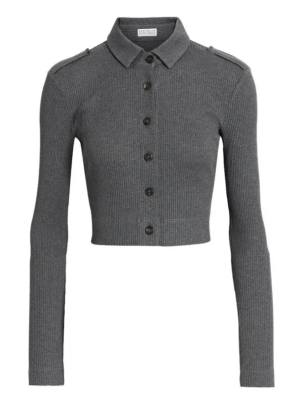 Brunello Cucinelli Cropped Bead-embellished Ribbed Shirt - Anthracite