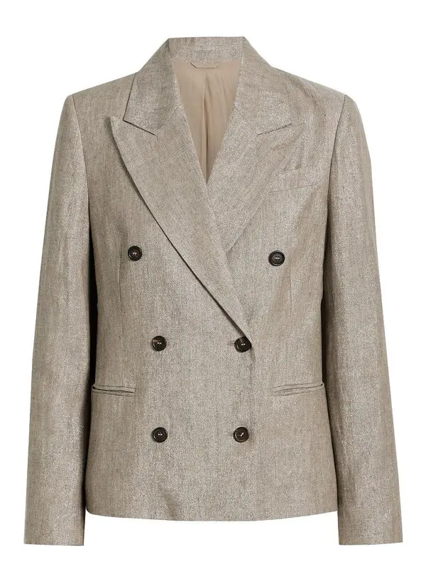 Brunello Cucinelli Double-breasted Metallic Linen-blend Twill Blazer - Mushroom