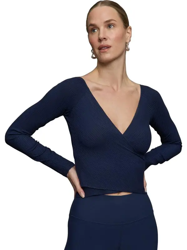 Carbon38 Long Sleeve Ribbed Jersey Wrap Top - Navy