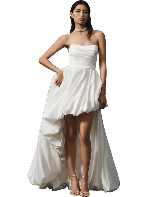 Mac Duggal Strapless Asymmetrical Satin Bubble Maxi Dress - White