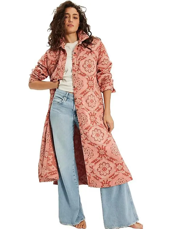 Free People We The Free Brick Lane Jacquard Maxi Shirt Jacket - Soft Pink Combo
