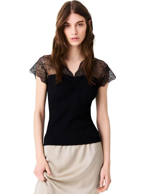 Maje Jersey Top With Lace Trim - Black