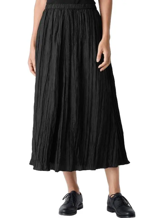 Eileen Fisher Crinkled Silk Midi Skirt - Black