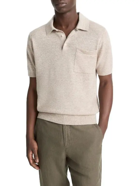 Vince Short Sleeve Linen & Wool Blend Pocket Polo Sweater - Shroom