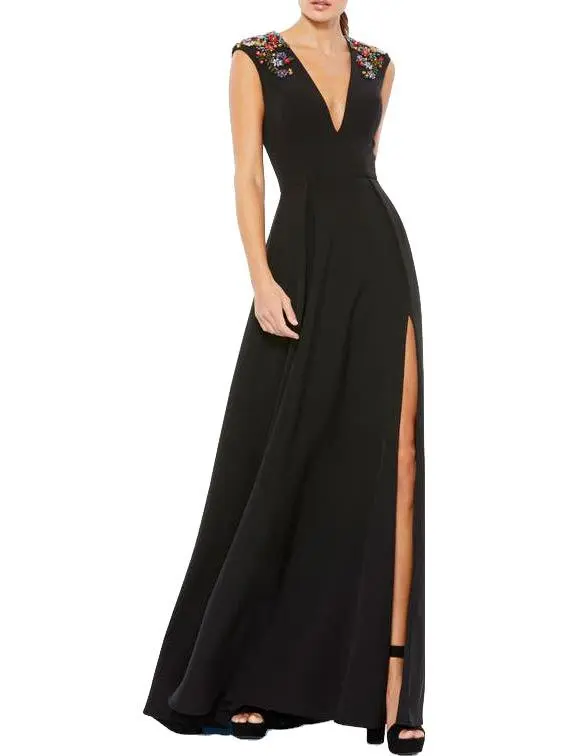 Mac Duggal Beaded V-neck A-line Gown - Black