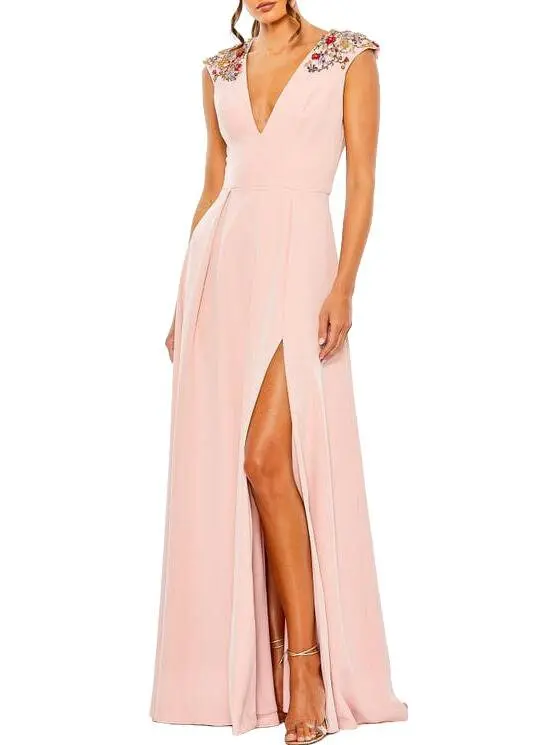 Mac Duggal Beaded Cap-sleeve V-neck A-line Gown - Rose Pink