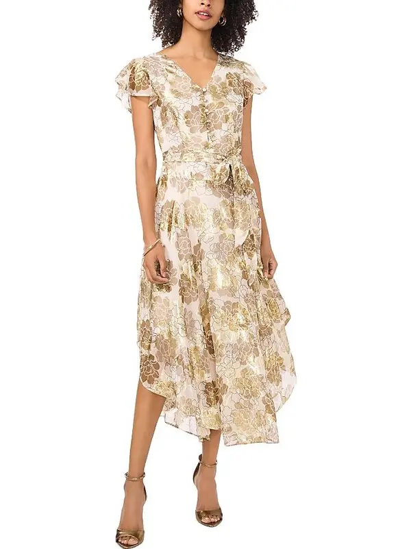Vince Camuto Printed Flutter-sleeve Button-front Dress - Turtle Dove