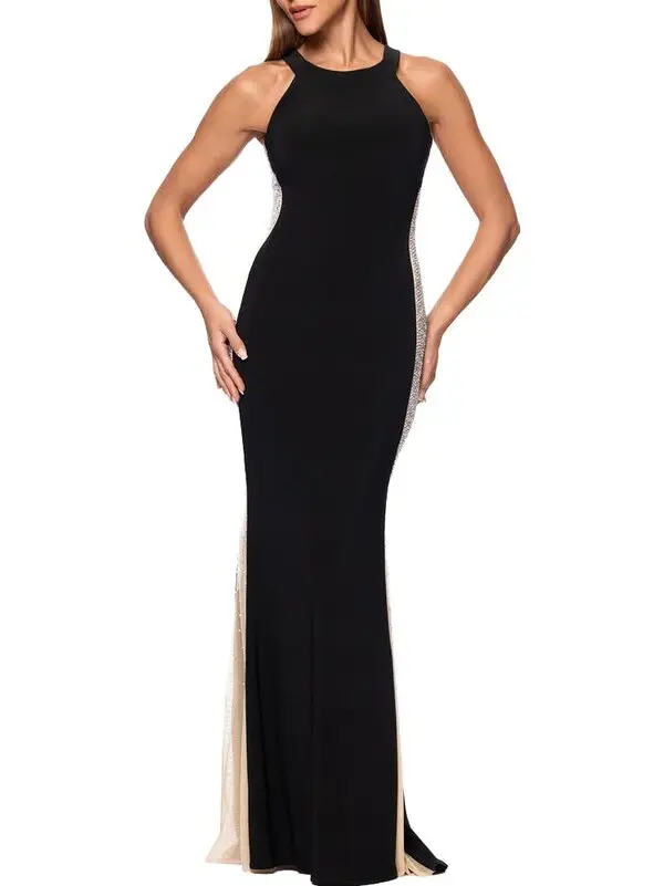 XSCAPE EVENINGS Beaded Mesh Detail Sleeveless Gown - Black/ Nude/ Silver
