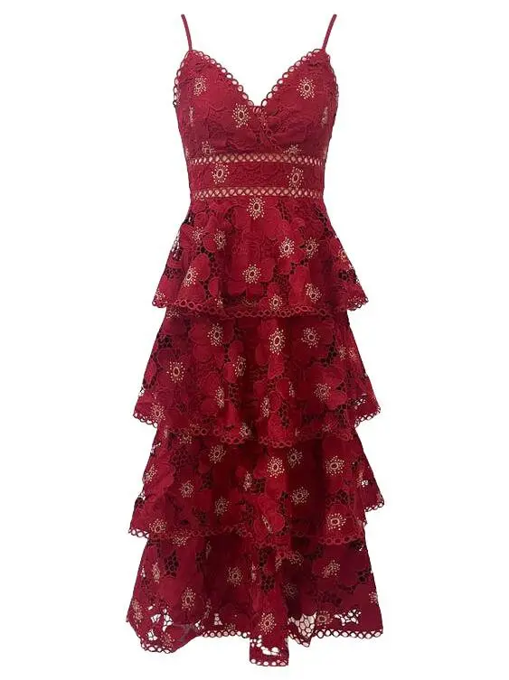 AROSE STUDIO Eartha Eyelet Embroidery Midi Dress - Burgundy