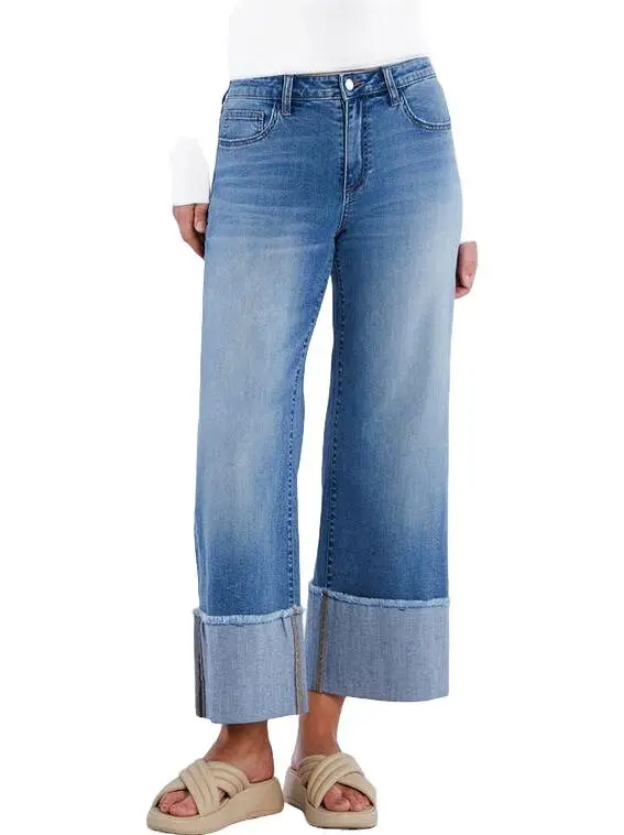 WASH LAB DENIM Issy Cuffed Ankle Wide Leg Jeans - Light Denim