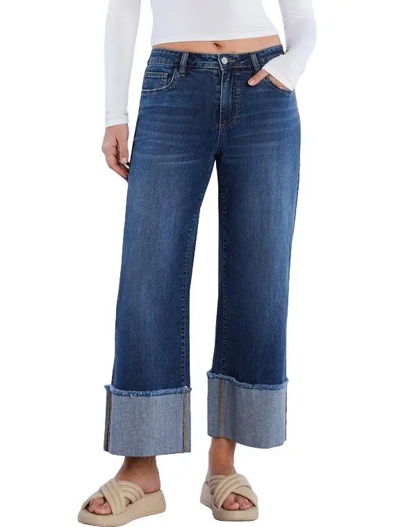 WASH LAB DENIM Issy Cuffed Ankle Wide Leg Jeans - Traditional Blue