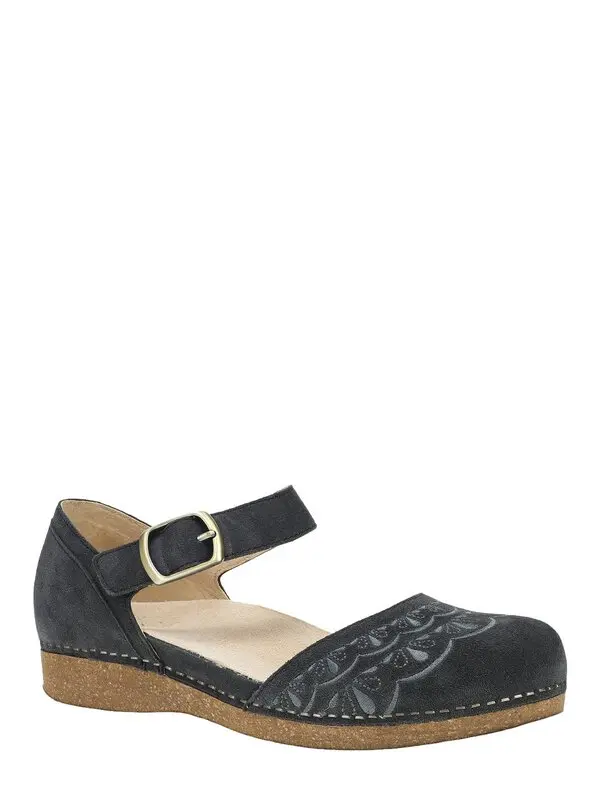 Dansko Mae Ankle Strap Clog - Charcoal Embroidered Suede