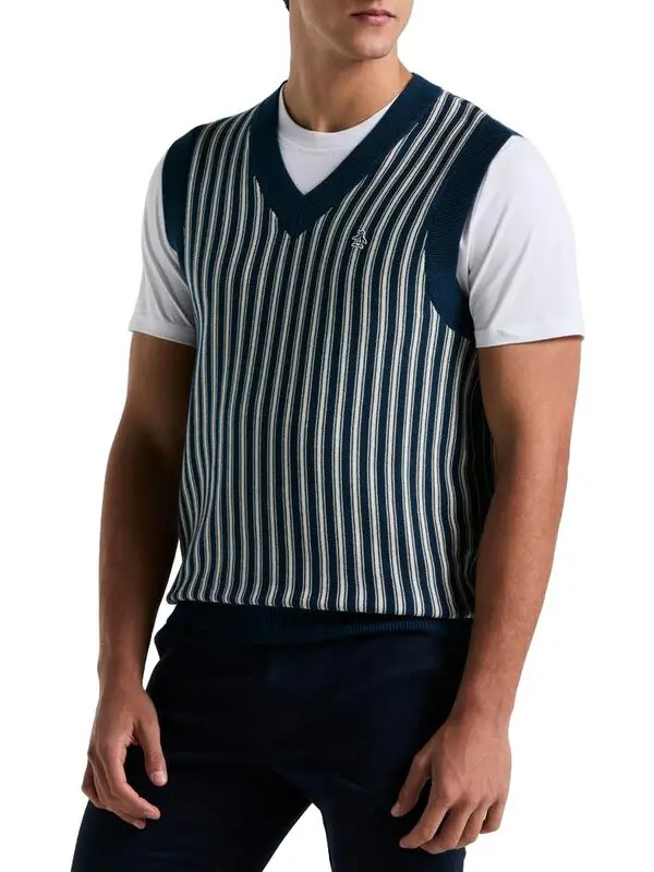 ORIGINAL PENGUIN Slim Fit Striped Sweater Vest - Blue Wing Teal