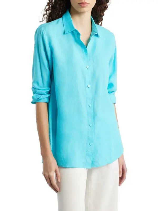 Eileen Fisher Classic Collar Organic Linen Long Shirt - Aquarius