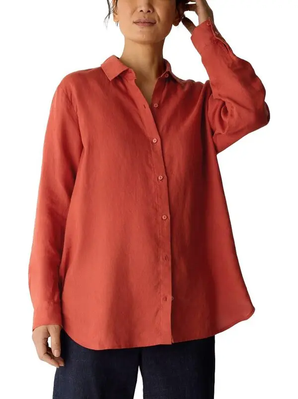 Eileen Fisher Classic Collar Organic Linen Long Shirt - Blood Orange